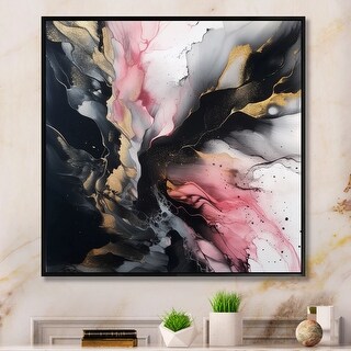 Designart "Black Gold Marble Splash Iii" Abstract Marble Framed Wall Art For Living Room - Bed ...